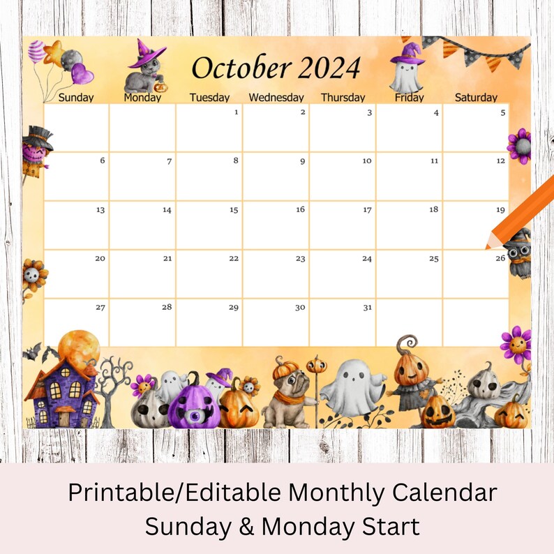 EDITABLE October 2024 Calendar, Cute Halloween Planner, Kids School ...