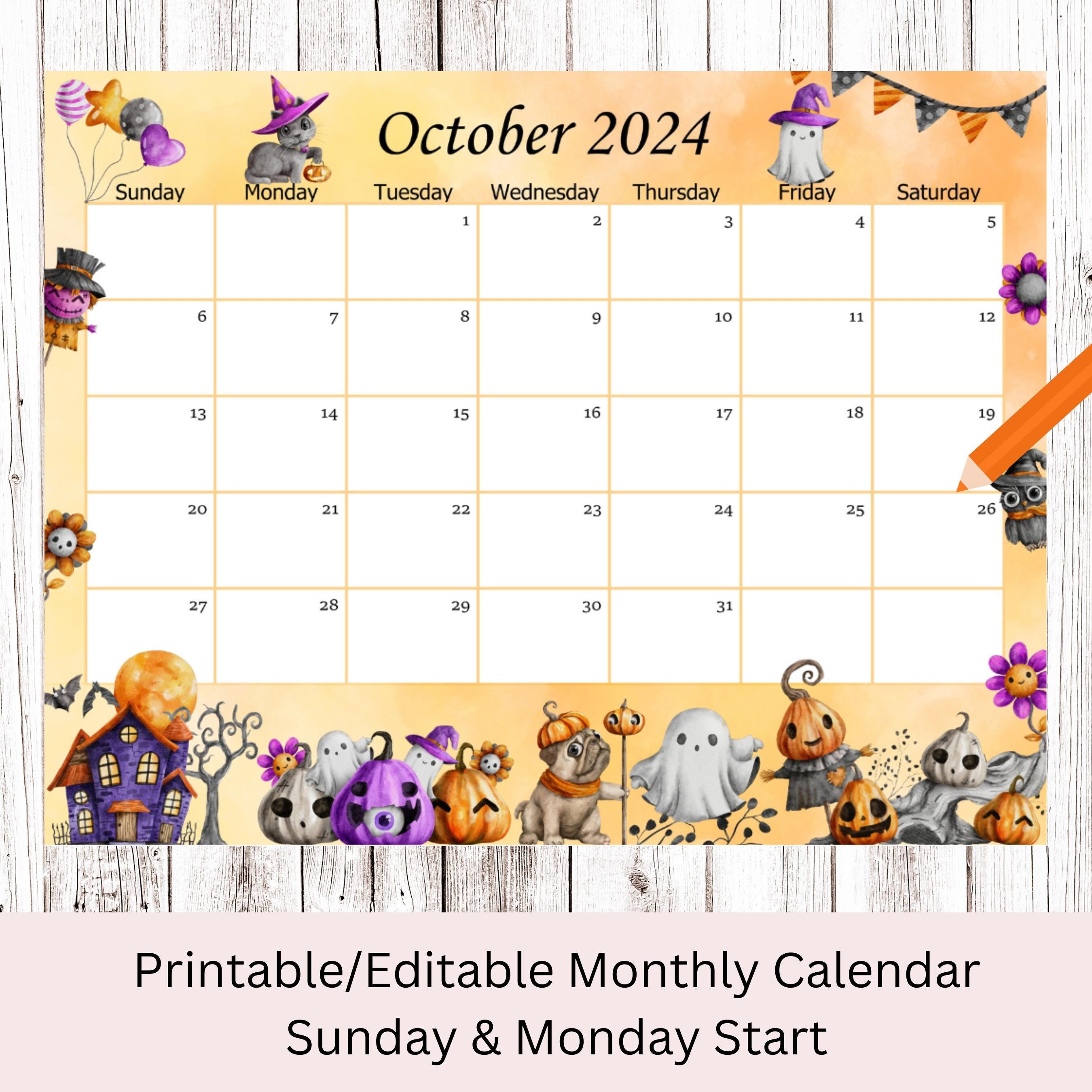 EDITABLE October 2024 Calendar, Cute Halloween Planner, Kids School ...