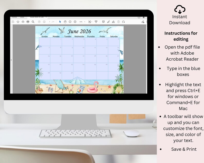Editable June 2026 Calendar, Summer Planner, School/office/work/home ...