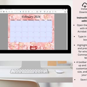 February 2026 Editable Calendar, Cute Valentine Bears Planner ...
