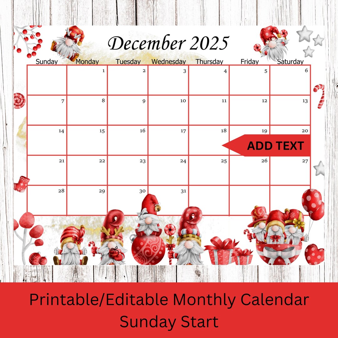 Editable December 2025 Calendar, Christmas Gnomes Planner for Home ...