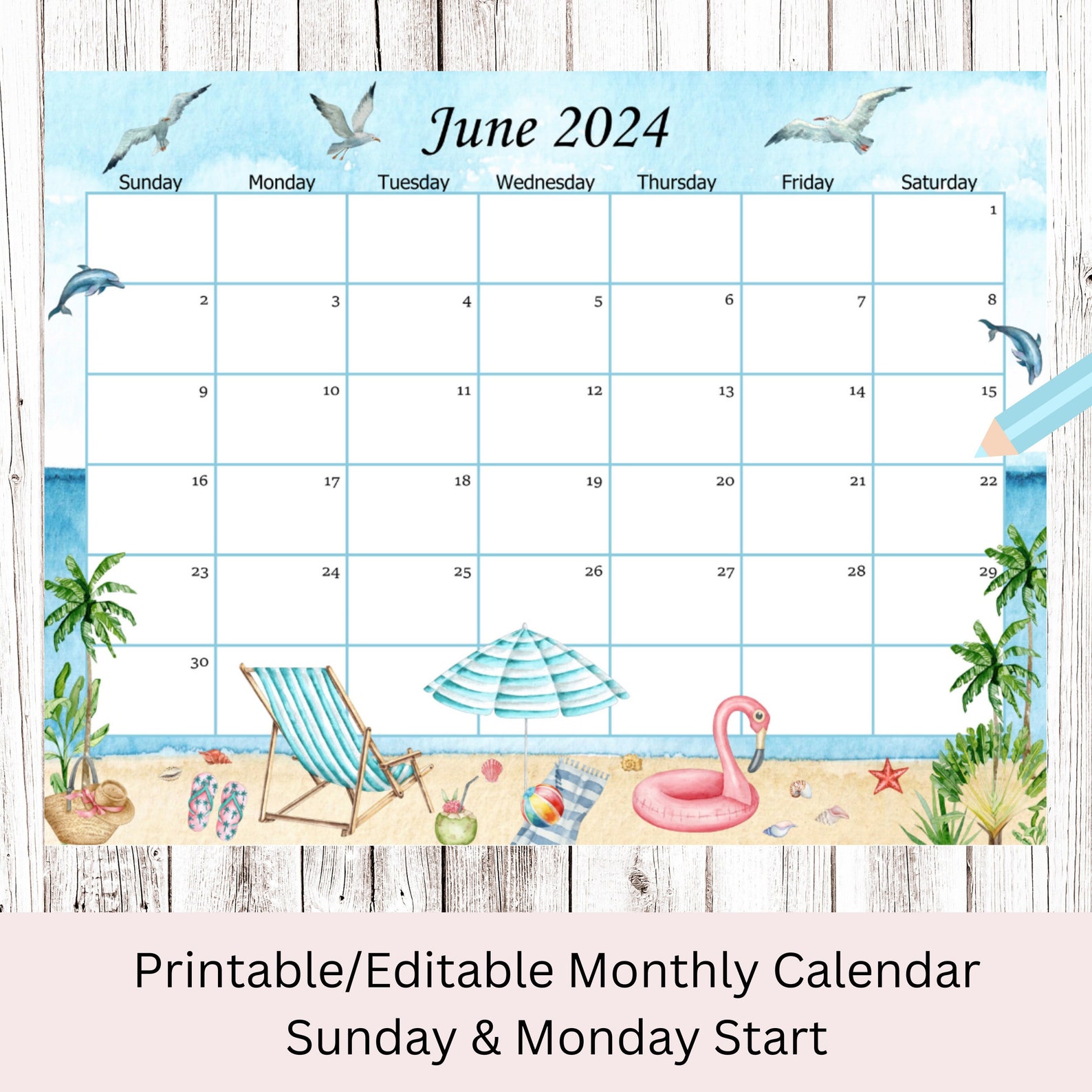 EDITABLE June 2024 Calendar, Summer Beach Planner, Monthly Kids School ...