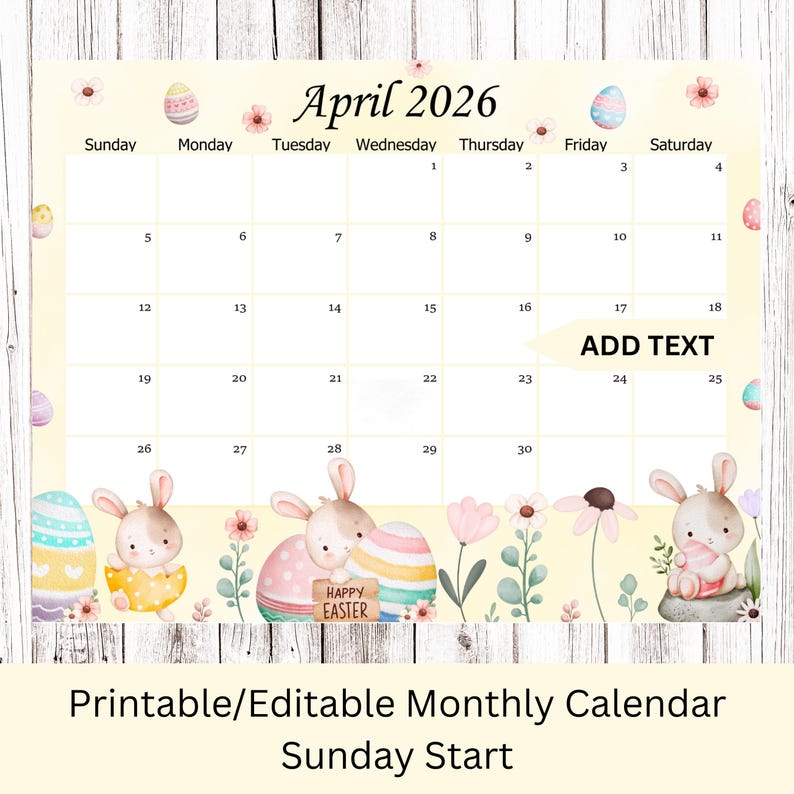 Editable April 2026 Calendar, Cute Easter Planner, School/office/work ...