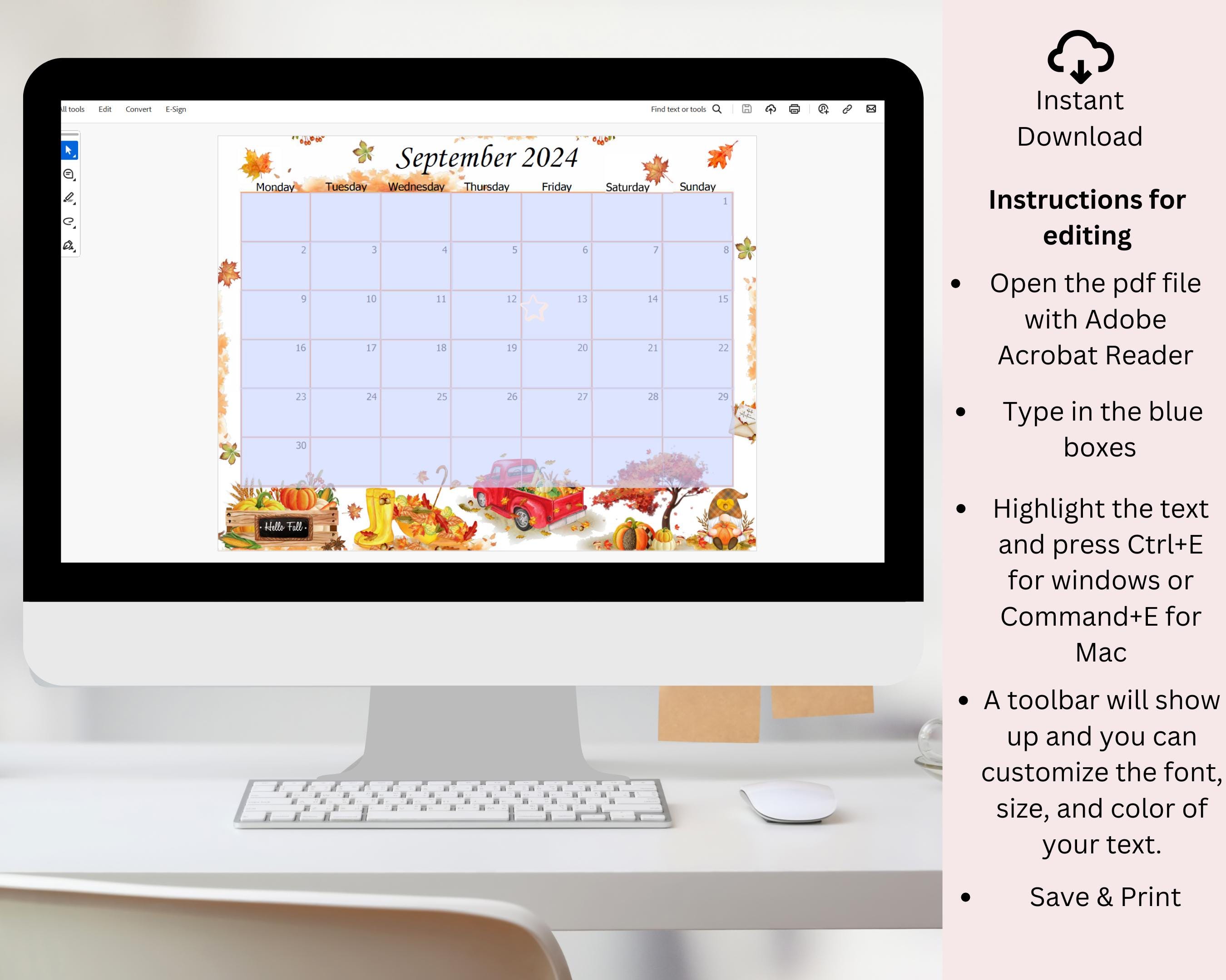 EDITABLE September 2024 Calendar, Autumn Planner, Monthly Kids School ...