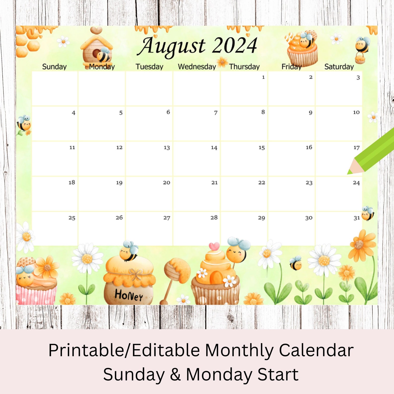 EDITABLE August 2024 Calendar, Bees & Honey Planner, Monthly Kids ...