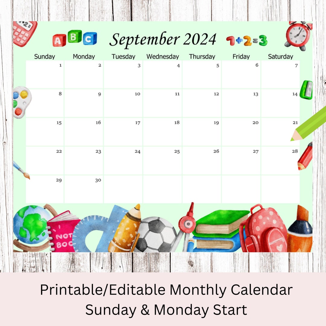 EDITABLE September 2024 Calendar, School Planner, Kids School Schedule ...