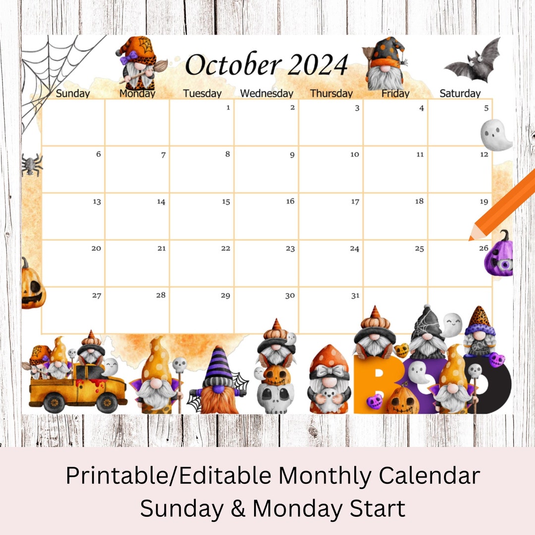 Buy EDITABLE October 2024 Calendar, Cute Halloween Gnomes Planner, Kids ...
