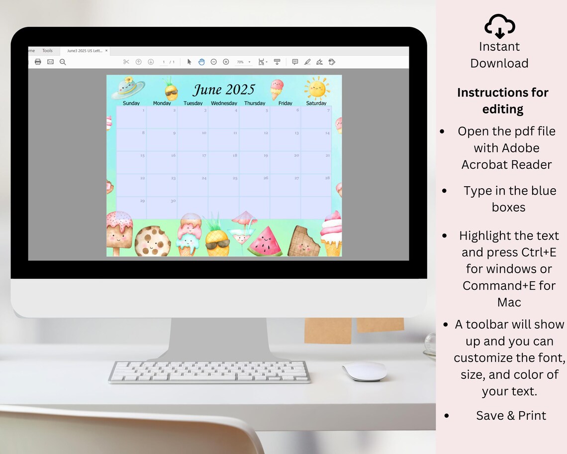 EDITABLE June 2025 Calendar, Summer Planner With Sweets, Monthly Kids ...