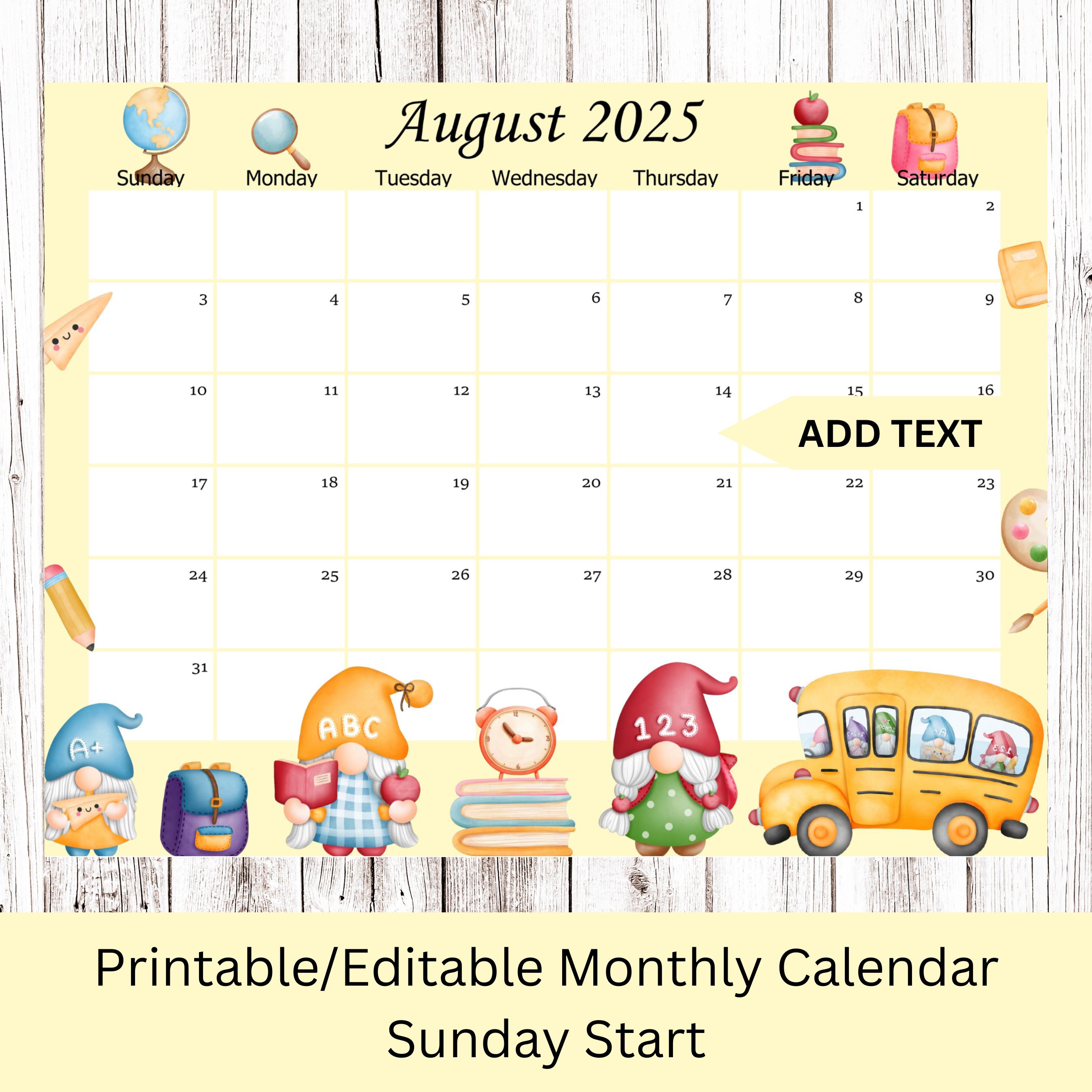 EDITABLE August 2025 Calendar, Cute School Gnomes Planner, Kids School ...