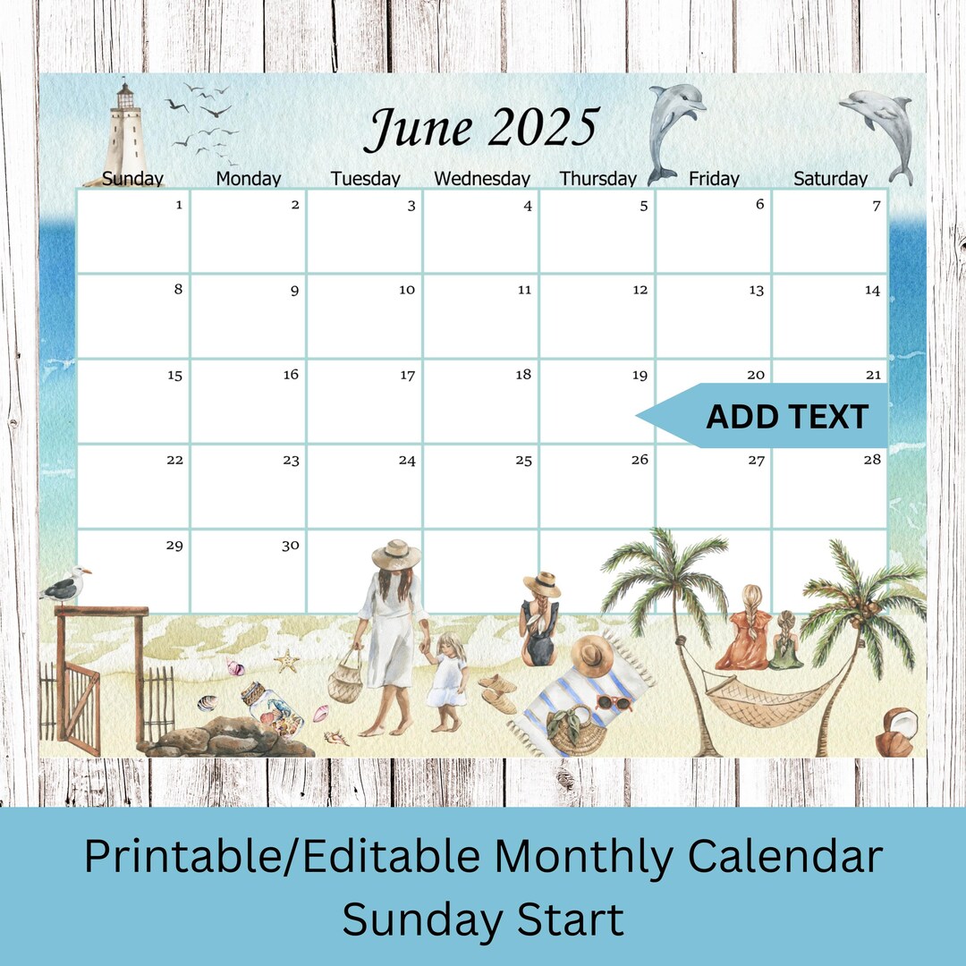 EDITABLE June 2025 Calendar, Summer Beach Planner, Monthly Kids School ...