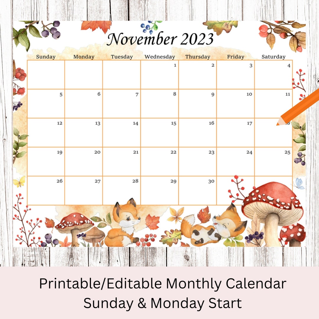 EDITABLE November 2023 Calendar, Kids School Schedule, Fall Autumn ...