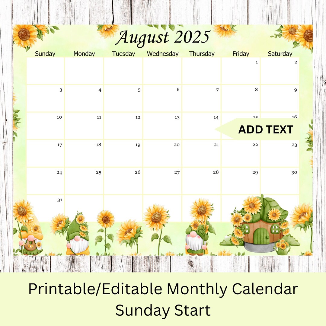 Calendario de agosto de 2025 editable, planificador de gnomos de ...