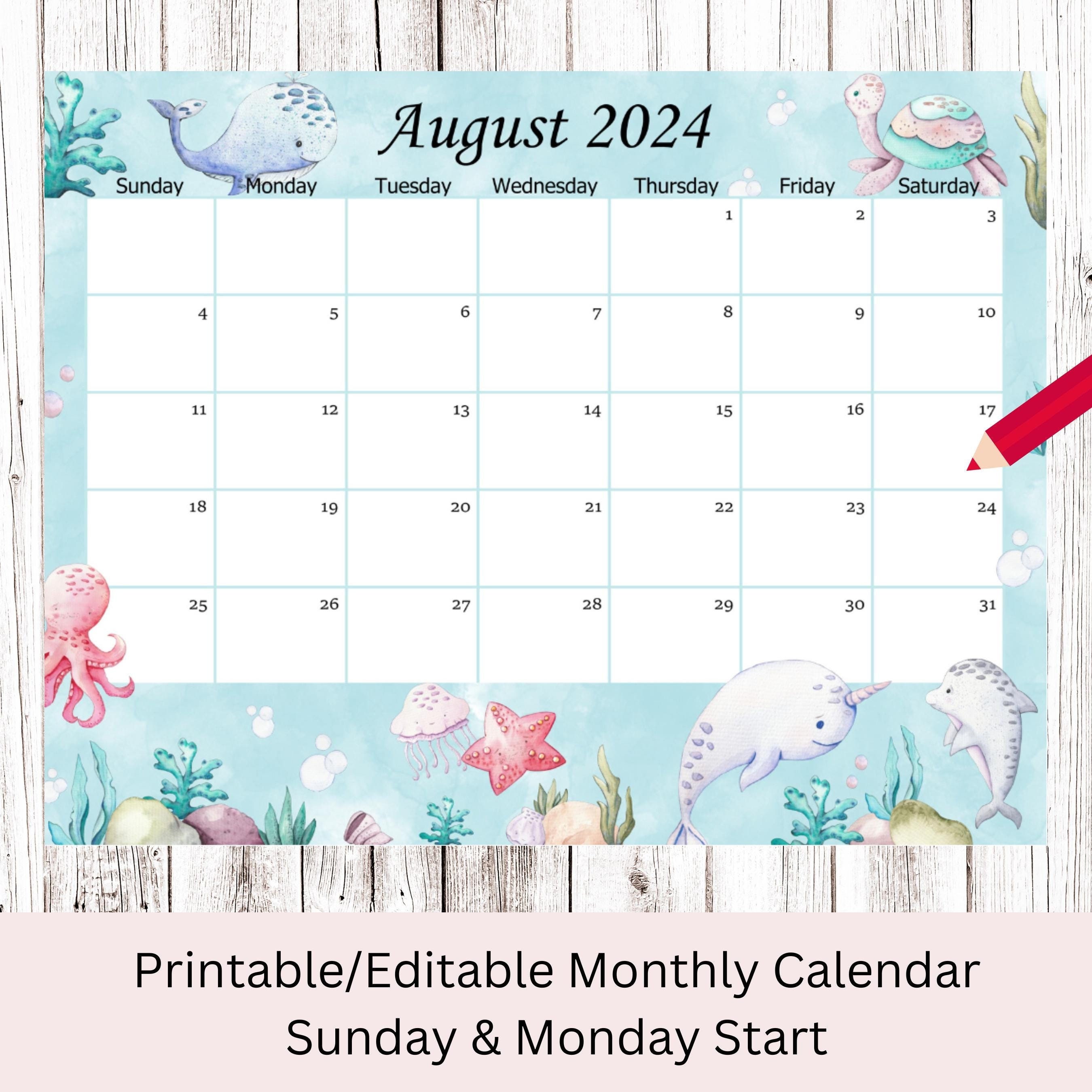 EDITABLE August 2024 Calendar, Cute Summer Planner, Monthly Kids School ...