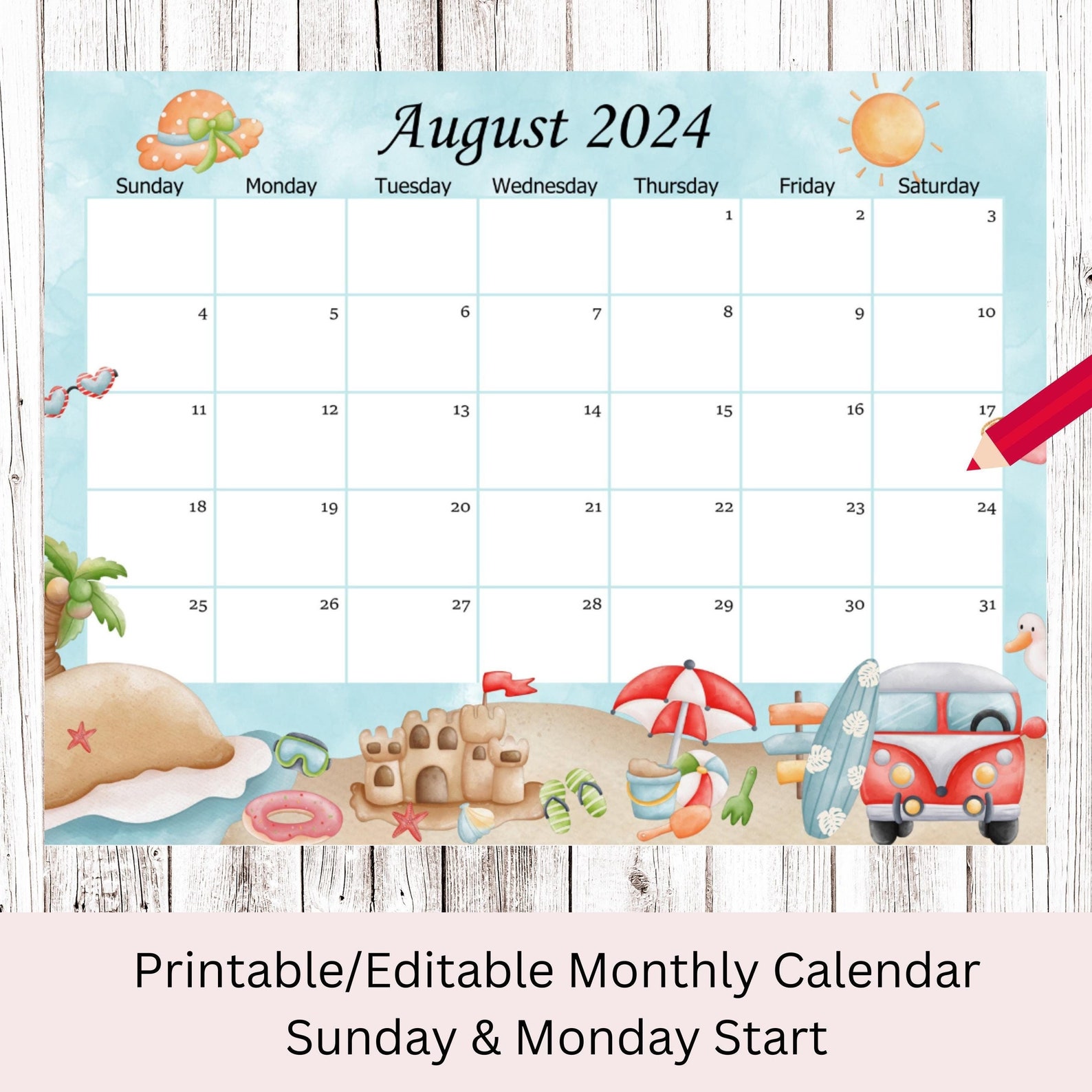 EDITABLE August 2024 Calendar, Cute Summer Planner, Monthly Kids School ...