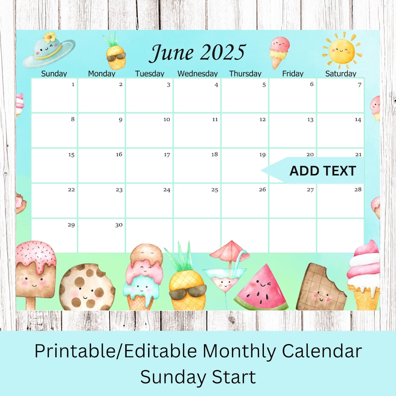 EDITABLE June 2025 Calendar, Summer Planner With Sweets, Monthly Kids ...