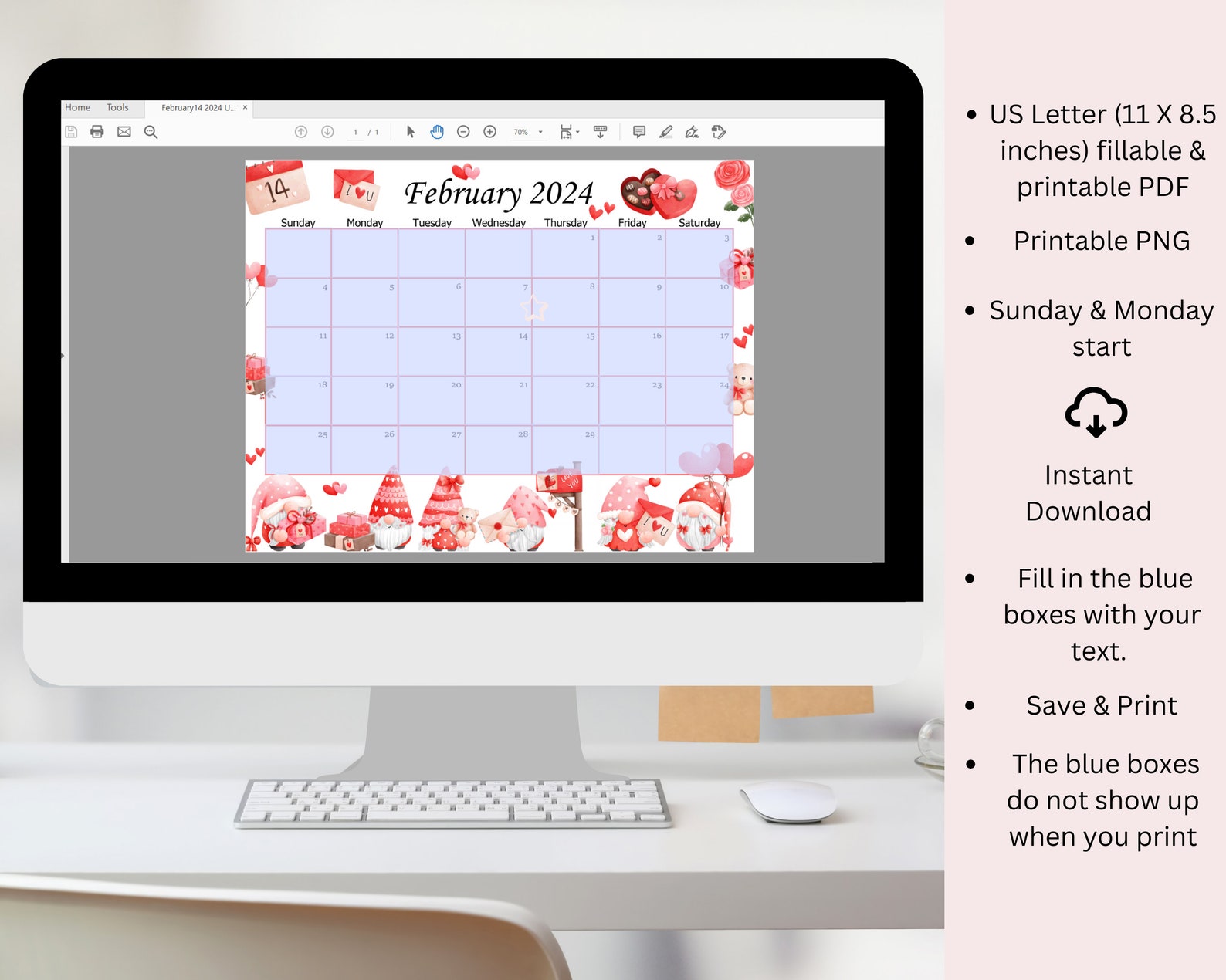 EDITABLE February 2024 Calendar, Cute Valentine Gnomes Planner, Kids ...