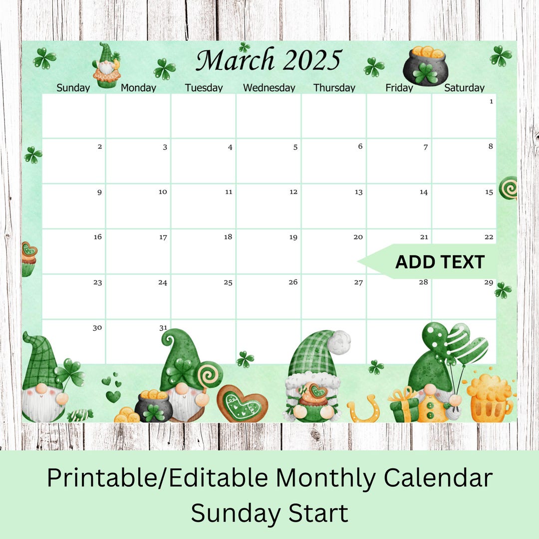 EDITABLE March 2025 Calendar, St. Patrick's Day Gnome Planner, Kids ...
