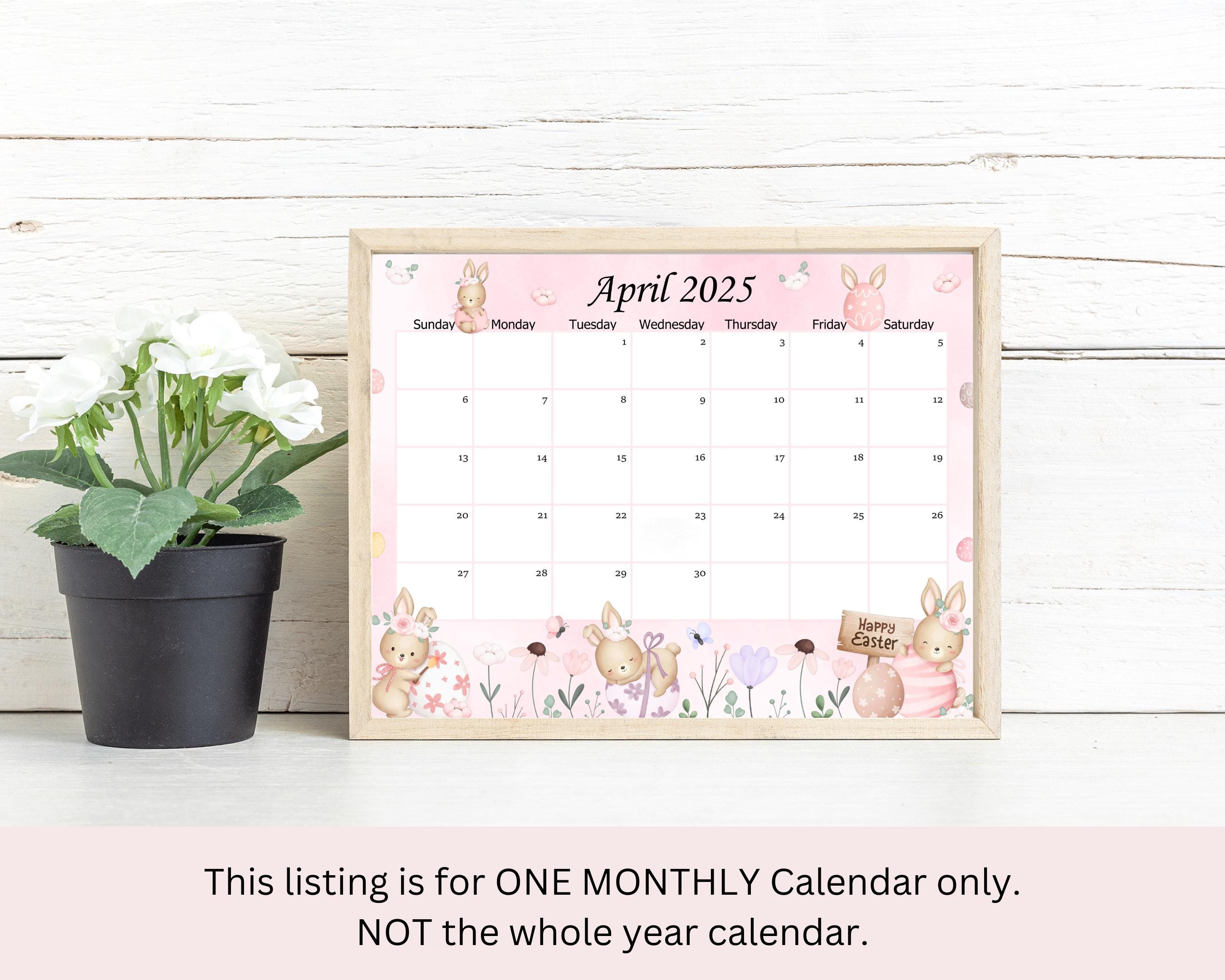 EDITABLE April 2025 Calendar, Easter Day Cute Bunnies Planner, Kids ...