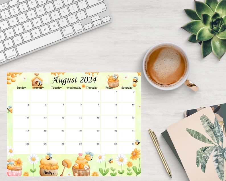 EDITABLE August 2024 Calendar, Bees & Honey Planner, Monthly Kids ...