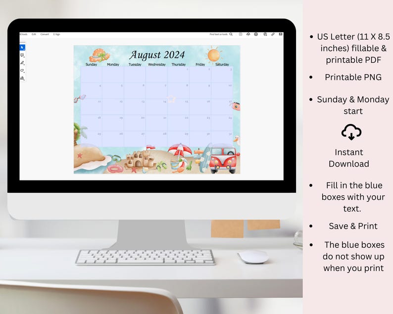 EDITABLE August 2024 Calendar, Cute Summer Planner, Monthly Kids School ...