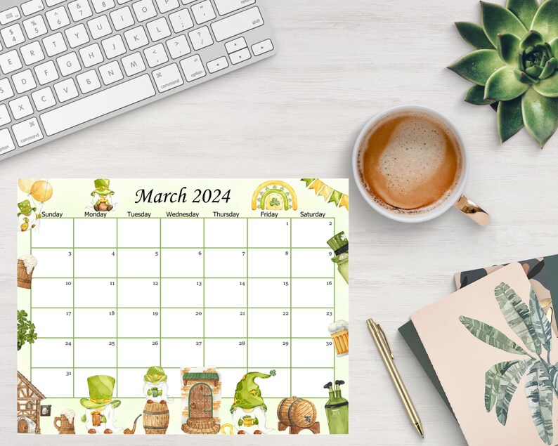 EDITABLE March 2024 Calendar St. Patrick's Day Gnome - Etsy UK