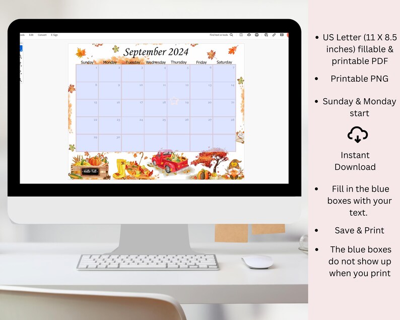 EDITABLE September 2024 Calendar, Autumn Planner, Monthly Kids School ...