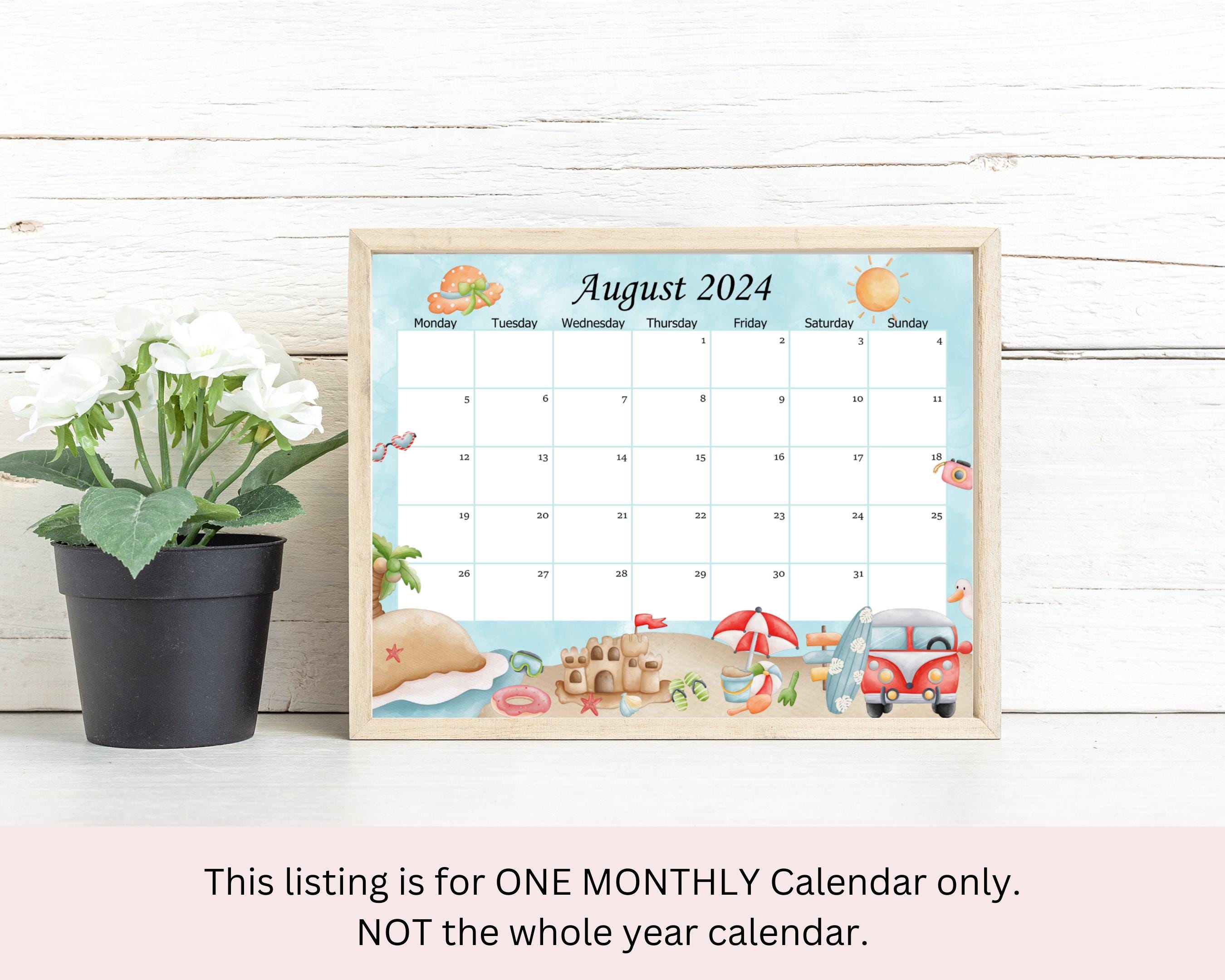 EDITABLE August 2024 Calendar, Cute Summer Planner, Monthly Kids School ...