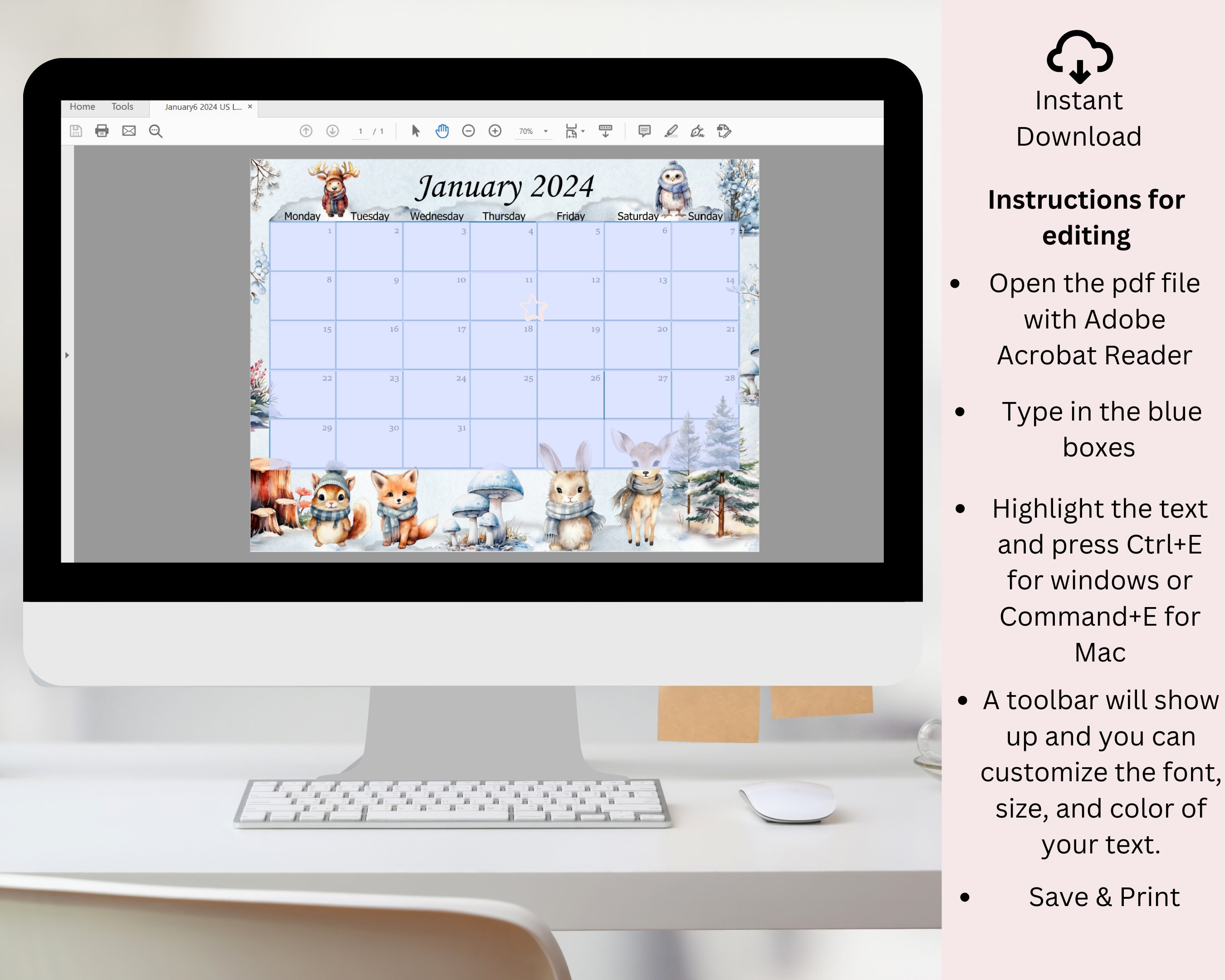 EDITABLE January 2024 Calendar, New Year Planner, Printable Monthly ...