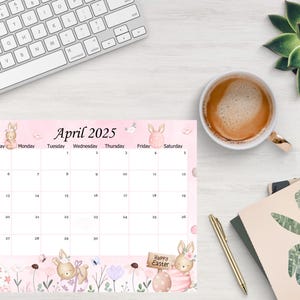 EDITABLE April 2025 Calendar, Easter Day Cute Bunnies Planner, Kids ...