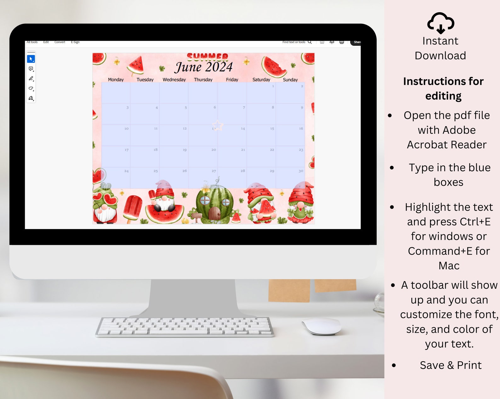 EDITABLE June 2024 Calendar, Summer Planner With Cute Gnomes, Kids ...
