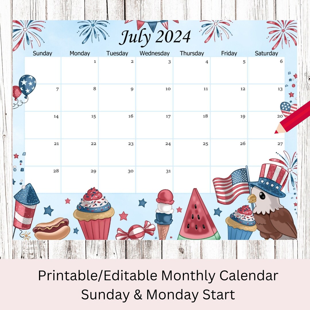 EDITABLE July 2024 Calendar, 4th of July Planner, Monthly Kids School ...