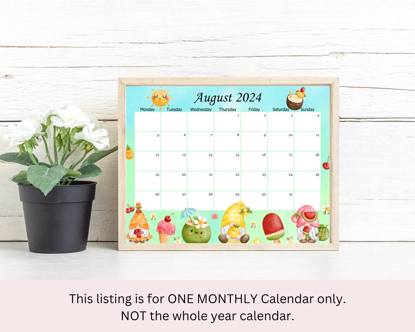 EDITABLE August 2024 Calendar, Cute Summer Gnomes Planner, Kids School ...