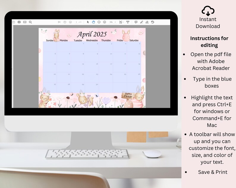 EDITABLE April 2025 Calendar, Easter Day Cute Bunnies Planner, Kids ...