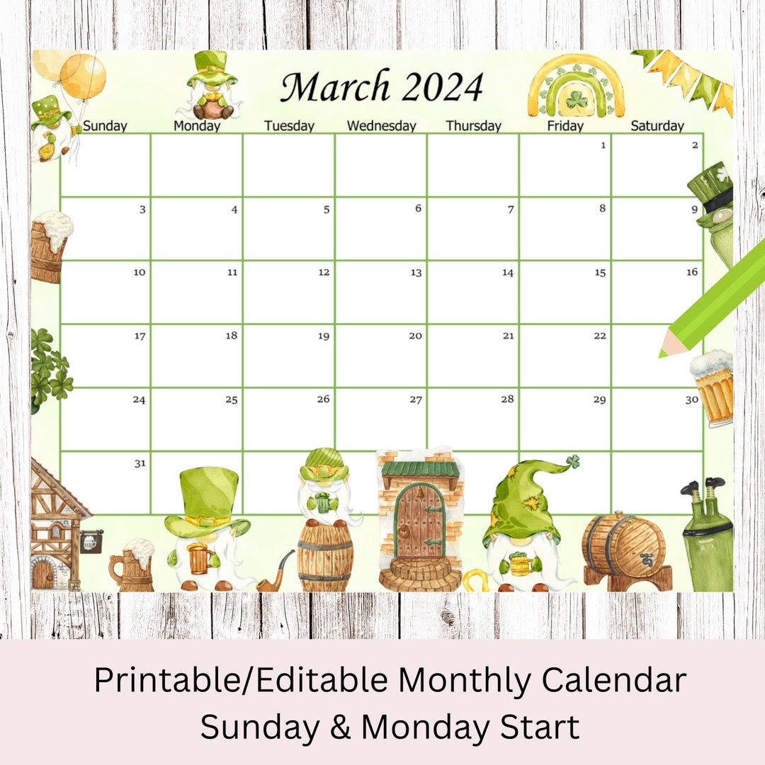 EDITABLE March 2024 Calendar St. Patrick's Day Gnome - Etsy UK