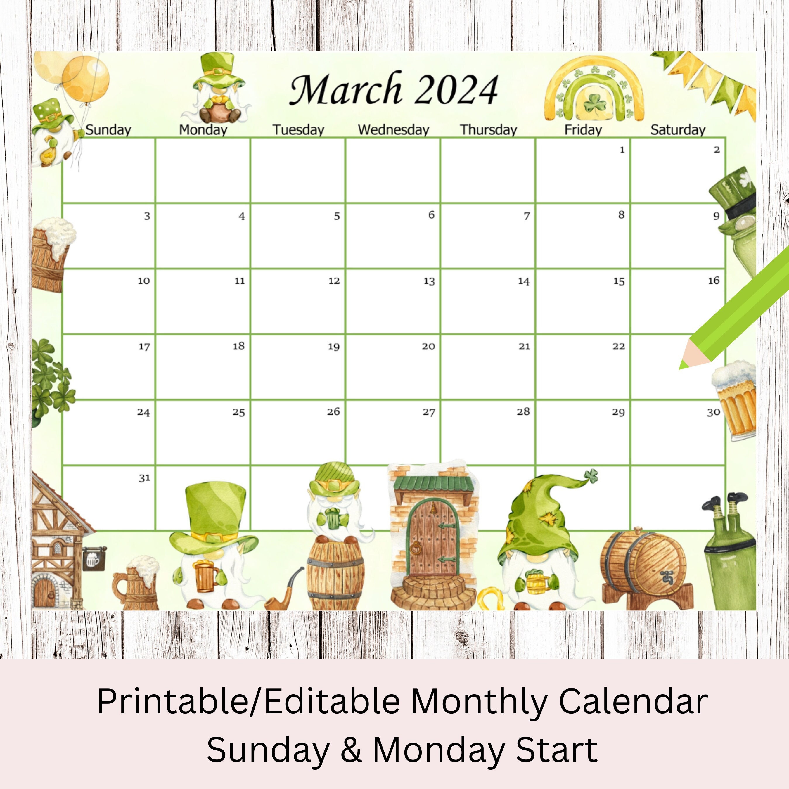 EDITABLE March 2024 Calendar St. Patrick's Day Gnome - Etsy UK