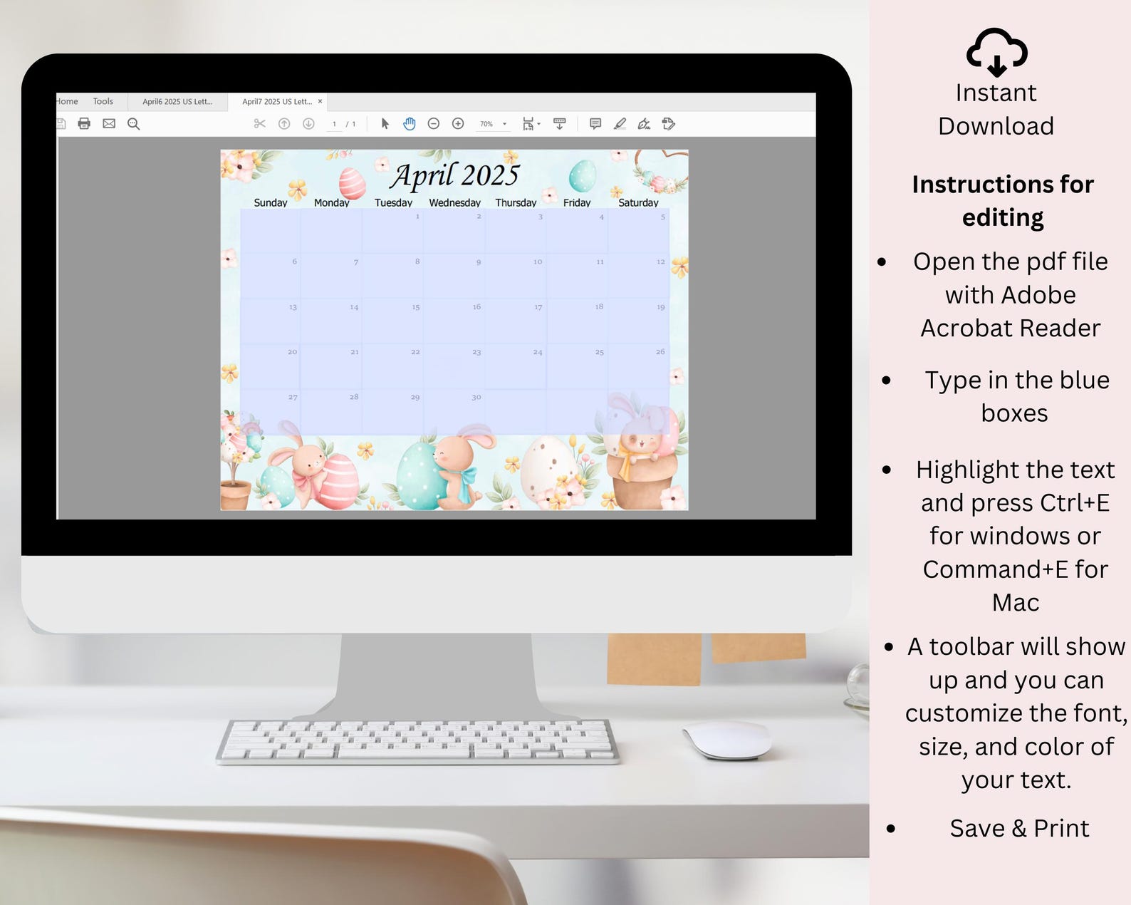 EDITABLE April 2025 Calendar, Cute Easter Day Planner, Kids School ...