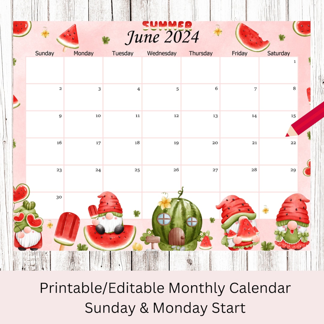 EDITABLE June 2024 Calendar, Summer Planner With Cute Gnomes, Kids ...