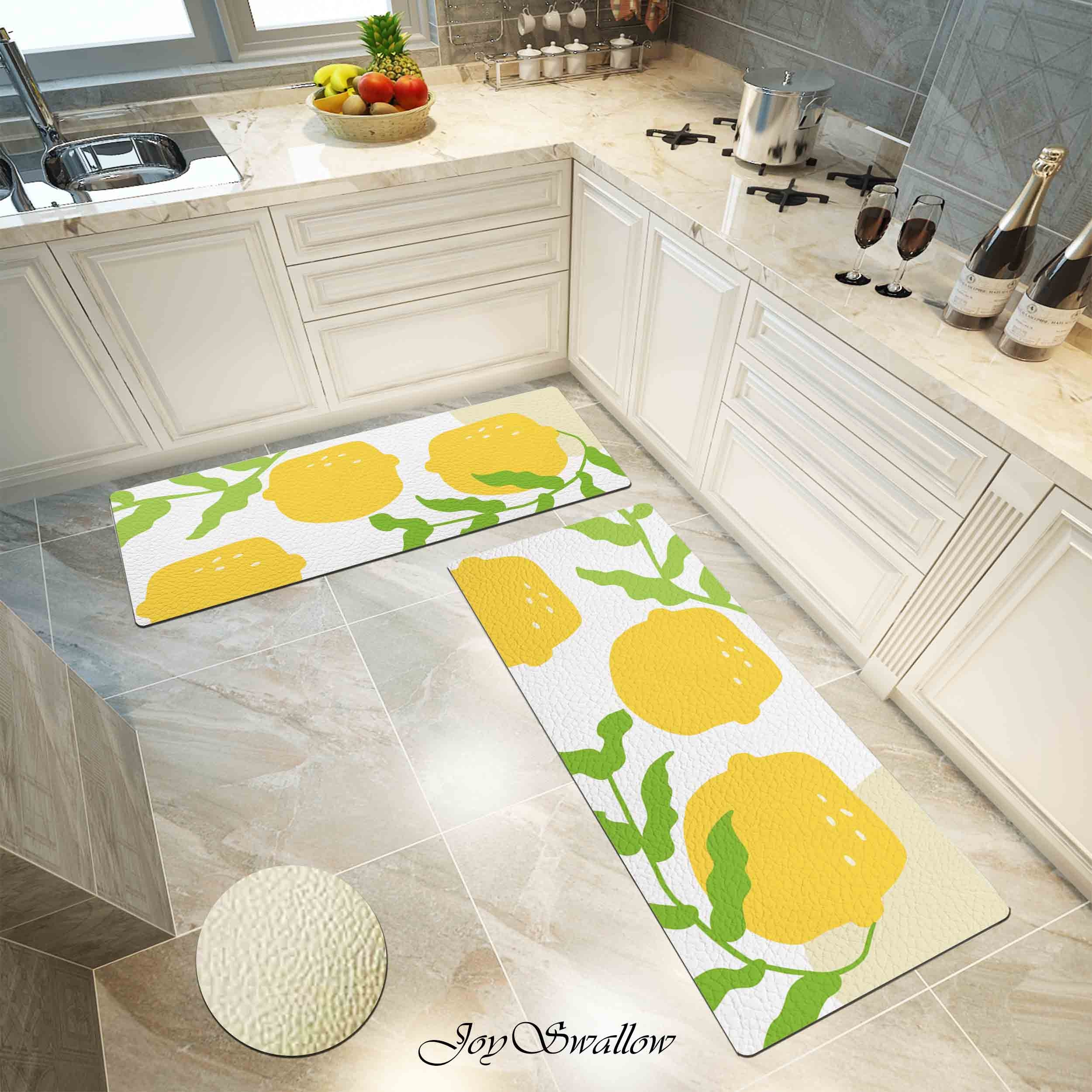 Fresh Lemon Leaves PVC Kitchen Runner Rug, Lemon Mats, Floral Non-slip ...