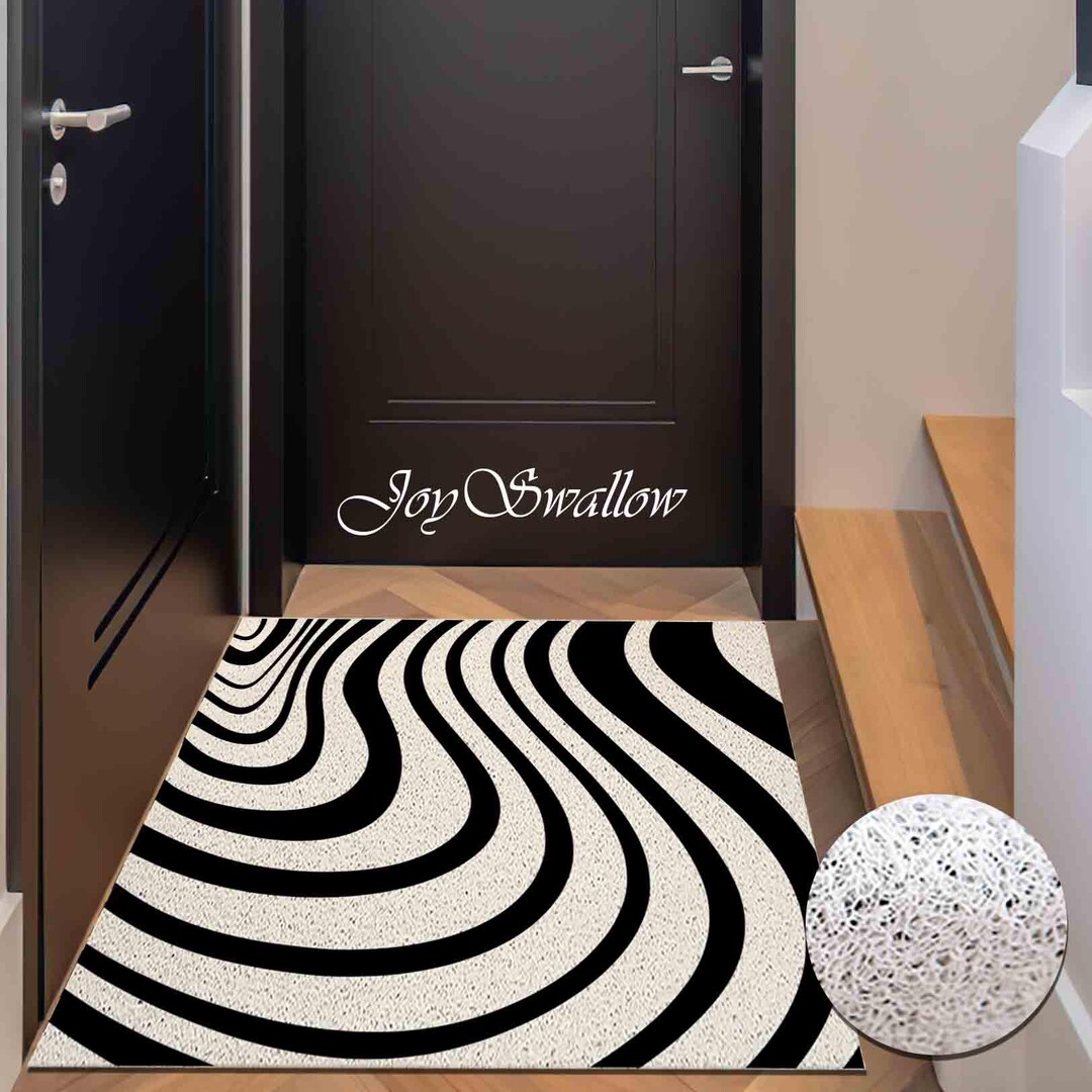 Black White Dizzy Wave PVC Coil Door Mat, Geometrical Door Rug for ...
