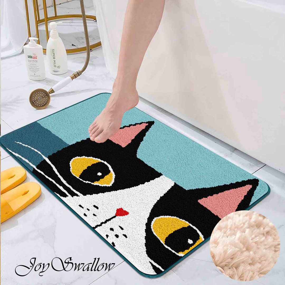 Cute Cat Tufted Yarn Dye Bathmat, Animal Bedroom Runner, Kitty Area Rug ...
