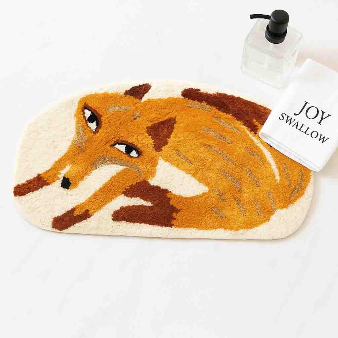 Orange Fire Fox Tufted Yarn Dye Bathmat, Animal Bedroom Runner, Fox ...