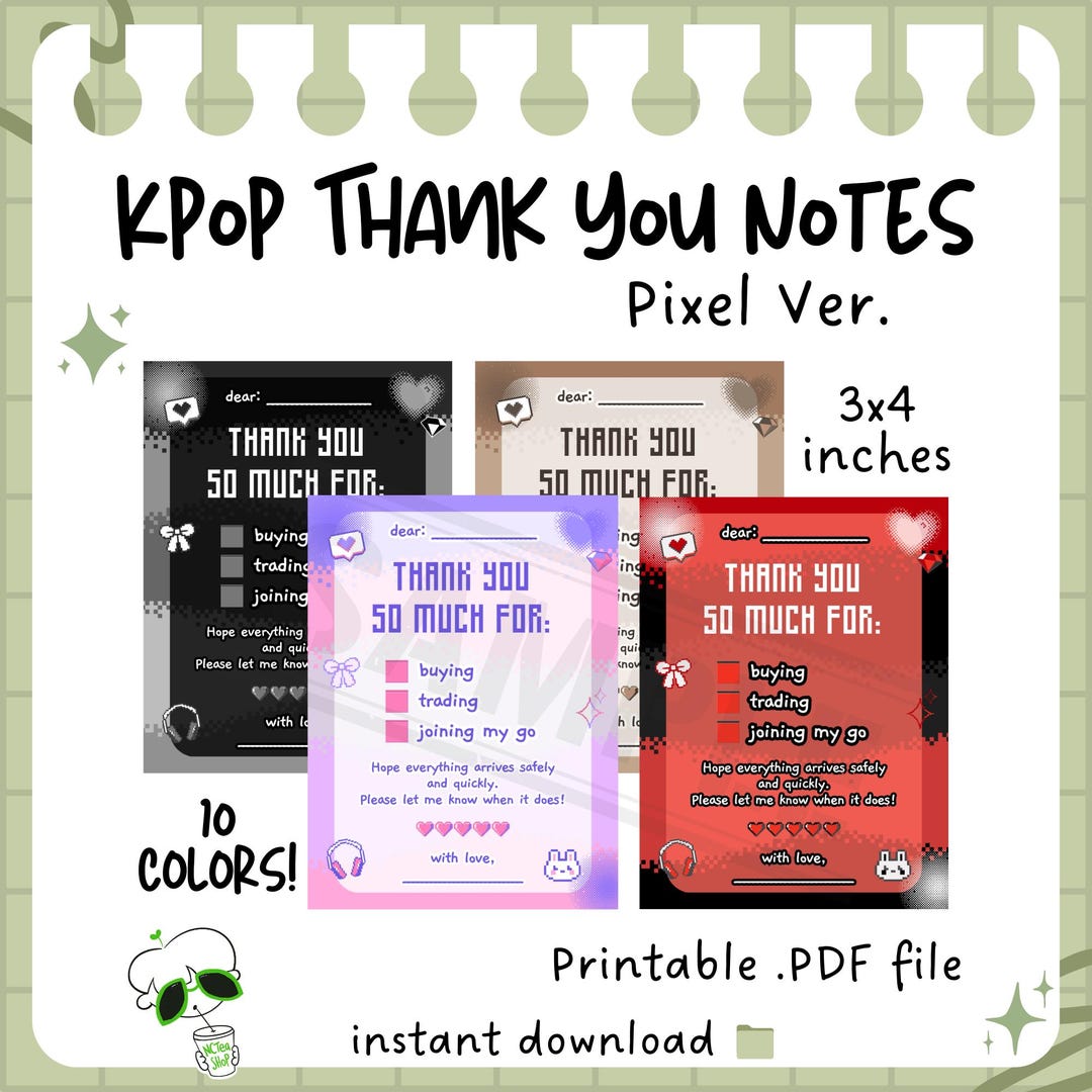 Kpop Thank You Notes – Printable Pixel Style 10 Color Versions ...