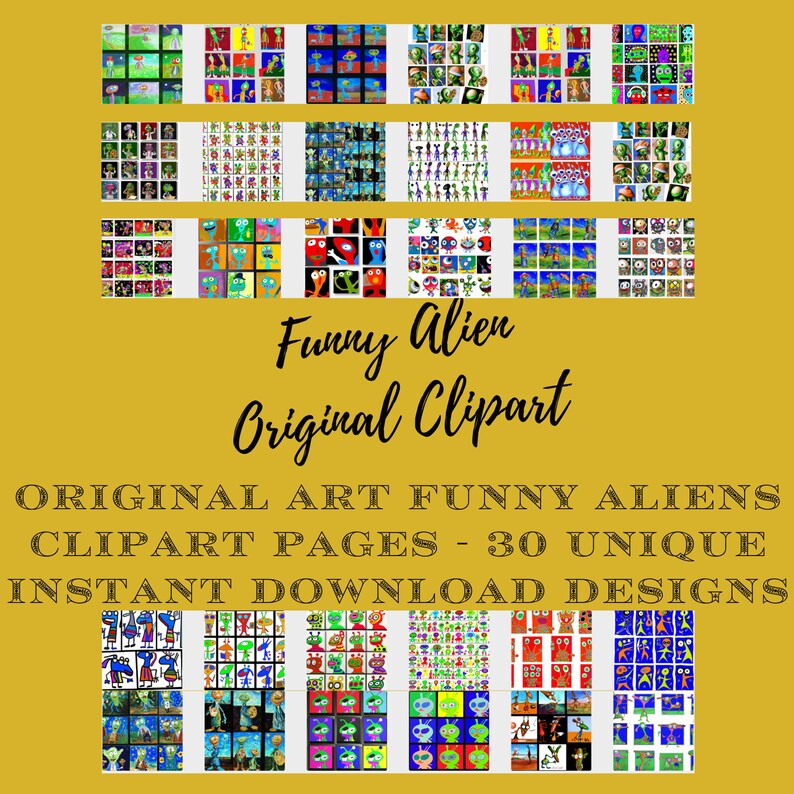 Funny Alien Clipart Pages, Original Art, Scrapbooking Supply (digital ...