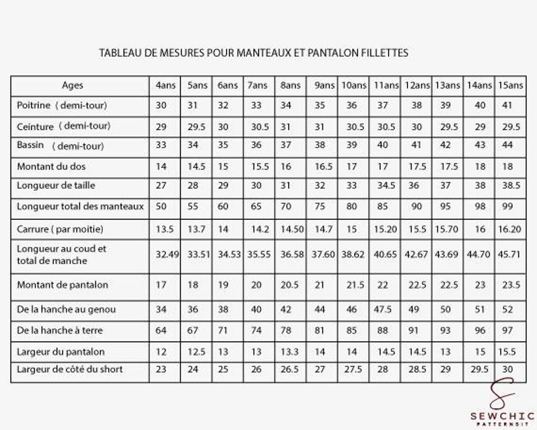 Girls' Coat & Pants Size Chart – Ages 4-15 (PDF Instant Download) - Etsy