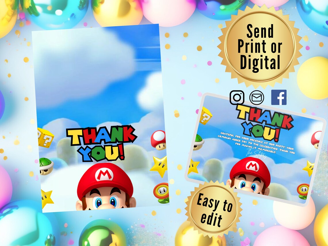 SUPER MARIO THANK You Card Mario Boys Birthday Super Mario Thank You ...
