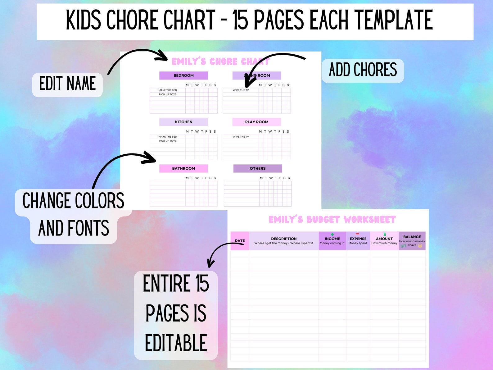 Editable Kid's Chore Chart, Chore Chart Bundle, Kids Financial Chart ...