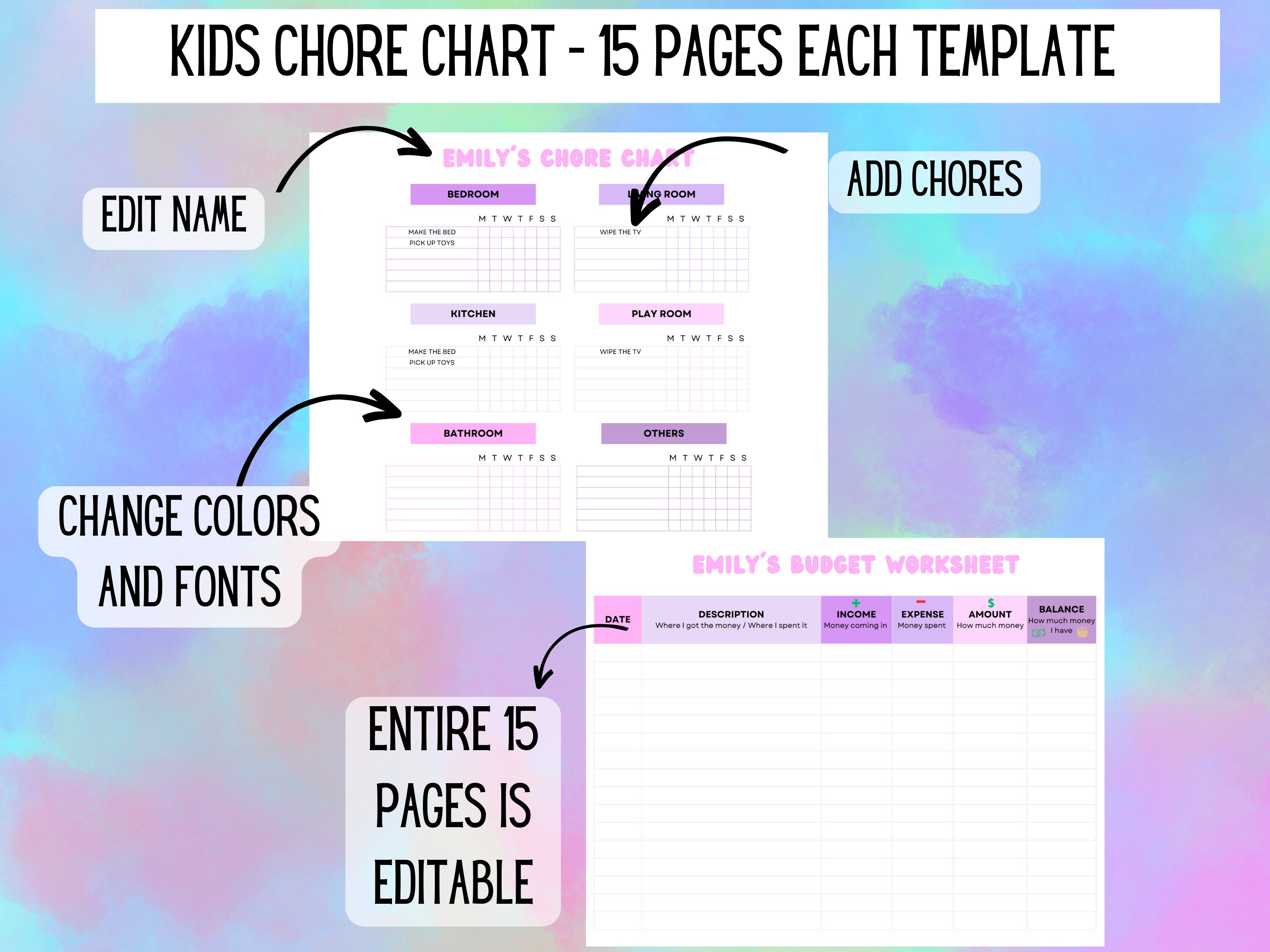 Editable Kid's Chore Chart, Chore Chart Bundle, Kids Financial Chart ...