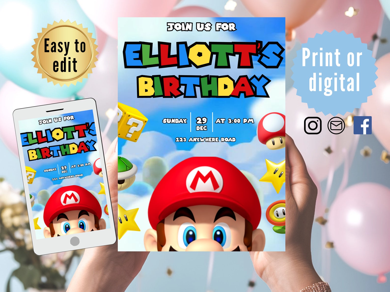 Super Mario Birthday Invitation, Super Mario Theme, Birthday Invitation ...