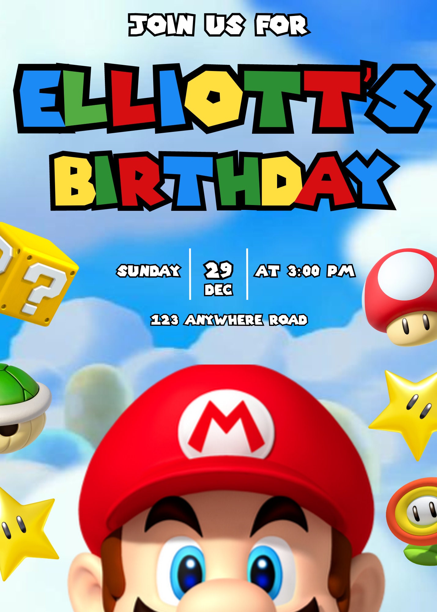 Super Mario Birthday Invitation, Super Mario Theme, Birthday Invitation ...