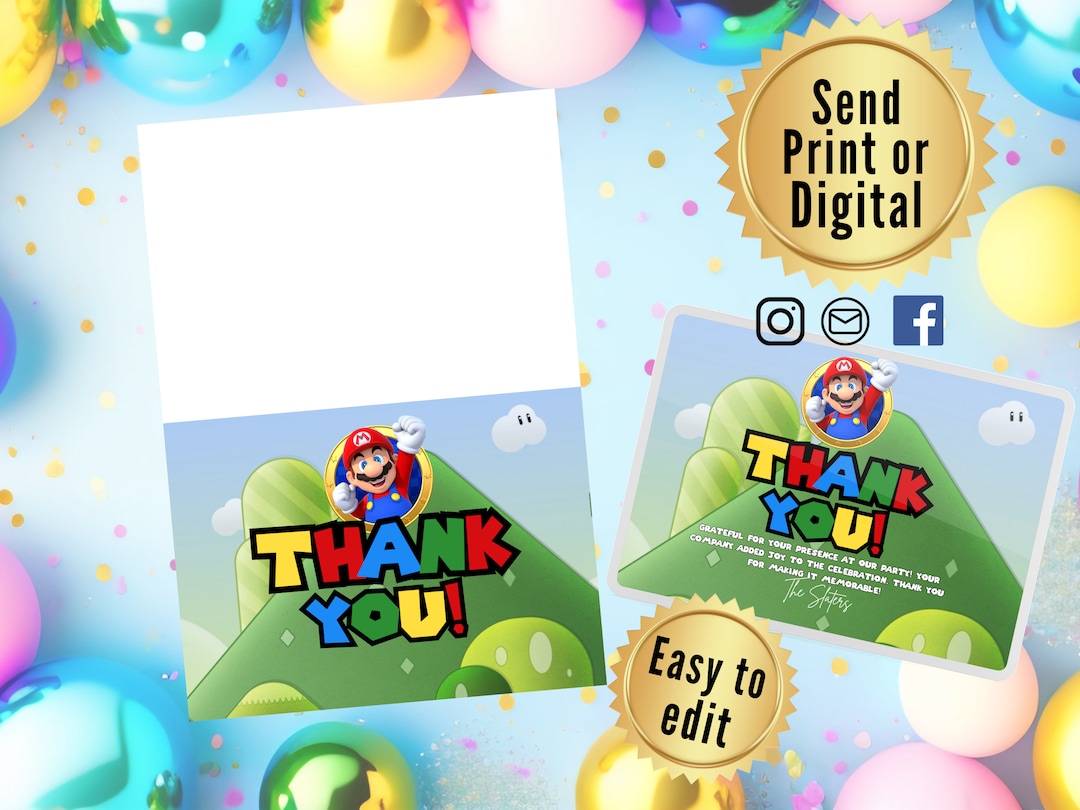 Mario Thank You Card, Super Marion Boys Birthday, Super Mario Thank You ...
